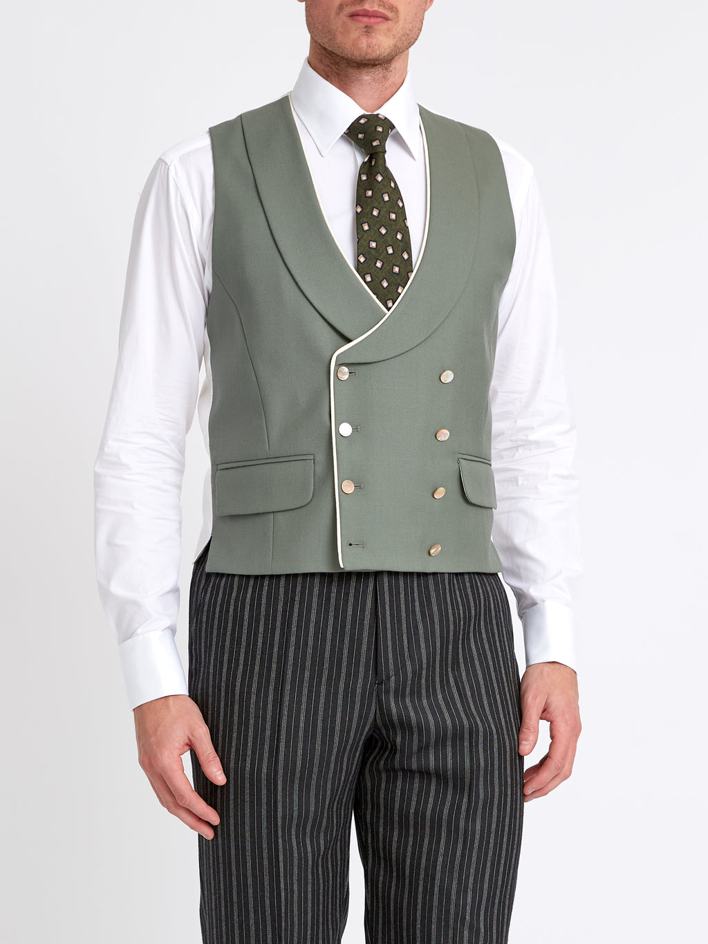 Olive Gabardine Wool Double Breasted Waistcoat with Piping – Favourbrook